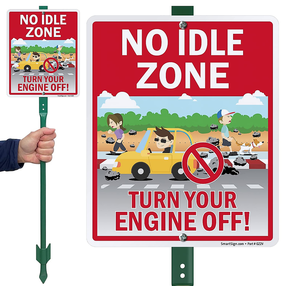 SmartSign 12 x 10 inch “No Idle Zone - Turn Your Engine Off” LawnBoss Yard Sign with 3 foot Stake, 40 mil Laminated Rustproof Aluminum, Multicolor, Set of 1, Made in USA