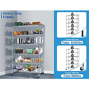 6000Lbs Capacity Metal Shelving Unit 6 Tier Adjustable Shelves for Storage Heavy Duty Commercial Grade Wire Shelf with Wheels & Feet 48" ×18" ×78" Storage Rack for Warehouse Garage Pantry Basement