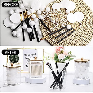 Tbestmax 12 OZ Cotton Swab/Ball/Pad Holder, Qtip Apothecary Jar, Clear Bathroom Containers Dispenser for Storage 4 Pack Wood Lids