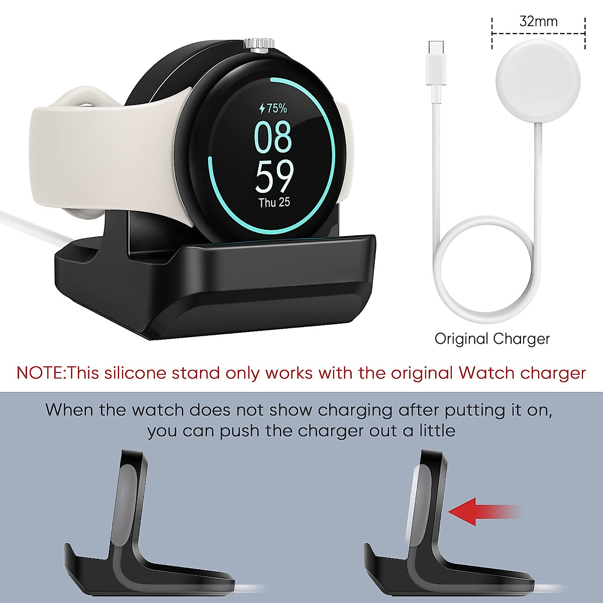 2-Pack Silicone Stand for Google Pixel Watch Charger, YUANHOT Charger Stand Charging Base Holder with Integrated Cable Management Slot, Black (Cable Not Included)