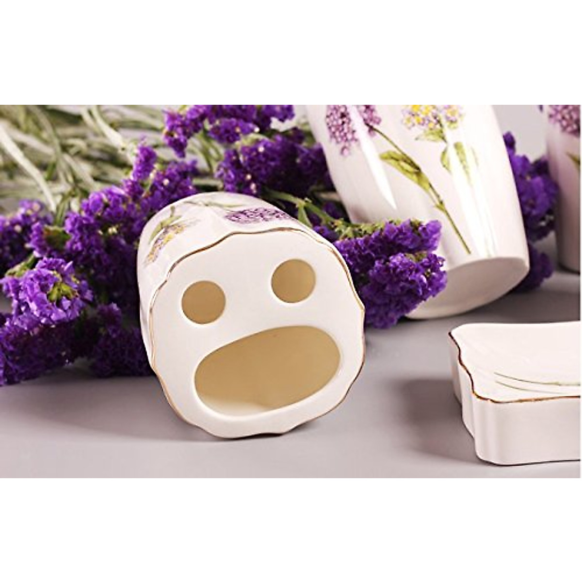 JruF Dandelion Love Ceramic 5 Piece Set Of Bathroom Accessories, Including Decorative Countertop Soap Box, Toothbrush Holder, Tumbler, Lotion Dispenser, Gift Box (Purple)