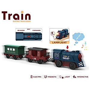 Battery Operated Train for Wooden Track, 3Pcs Train Toy Set for 3 4 5+Years old Boy Girl Toddlers, Motorized Train Accessories Electric Train Compatible with Thomas & Friends, Brio and Chuggington