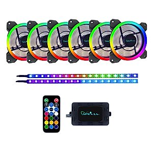 Apevia ST6P2-RGB Spectra 120mm Silent Dual Ring RGB Color Changing LED Fan with Remote Control, 16x LEDs & 8X Anti-Vibration Rubber Pads w/ 2 Magnetic LED Strips (6+2-pk)