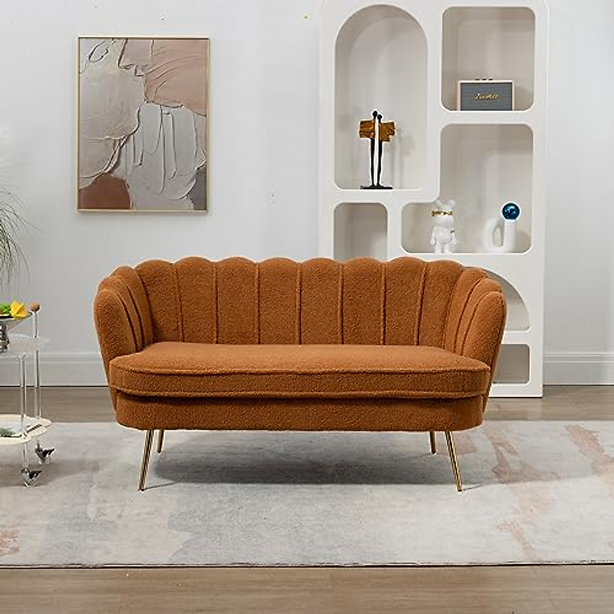 59" Wide Modern Loveseat Small Sofa Couch Mini Room Couch Boucle Upholstered Two-Seater Sofa with Gold Metal Legs, Channel Tufted Back Loveseat Sofa for Small Space Bedroom Studio Apartment, Caramel