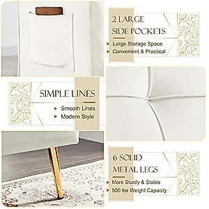 Obuvar Convertible Velvet Futon Sofa Bed, Upholstered Modern Sleeper Sofa with 2 Cup Holders, Modern Living Room Loveseat Couch with 3 Adjustable Angles and 6 Metal Legs, Off White (Line Backrest)