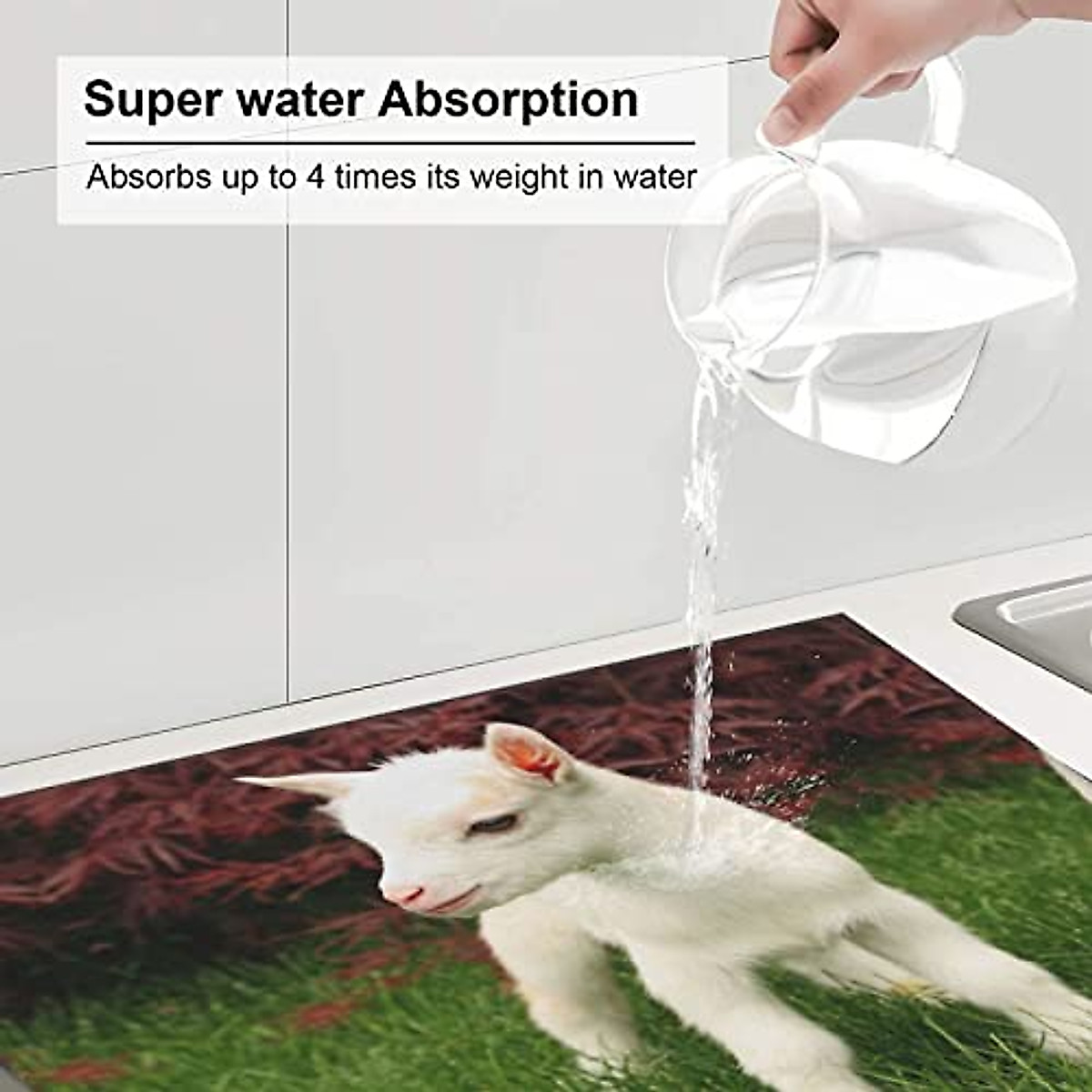 goat Printed Drying Mat For Kitchen Ultra Absorbent Microfiber Dishes Drainer Mats Non-Slip Silicone Quick Dry Pad - 18 X 16inch