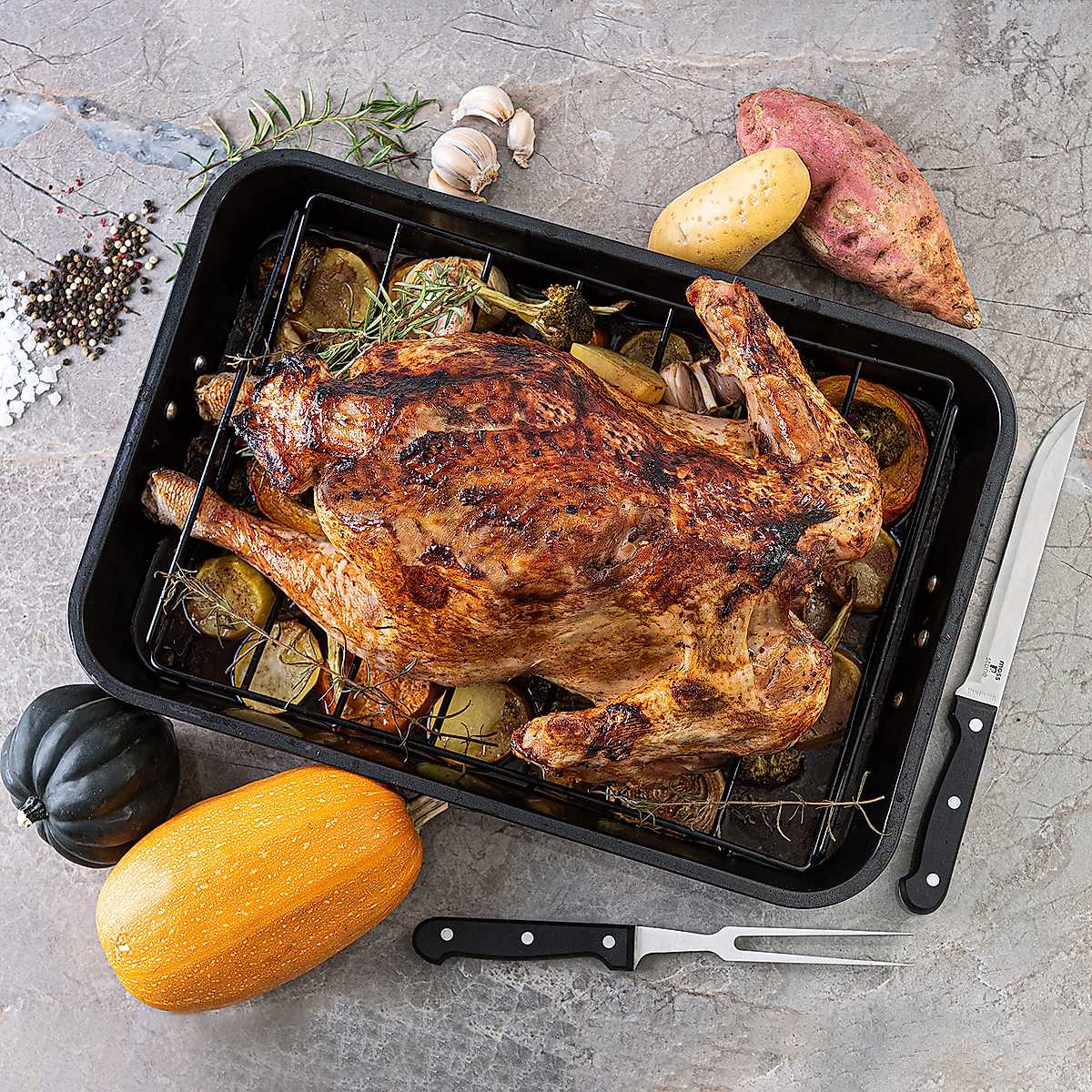 Moss & Stone Carbon Steel Roaster Pan With “V” Shape Removable Roasting Rack Set, 16.5 Inch Rectangular Nonstick Roasting Pan, Turkey Roaster Pan Rack With Carving Fork & Chef Knife