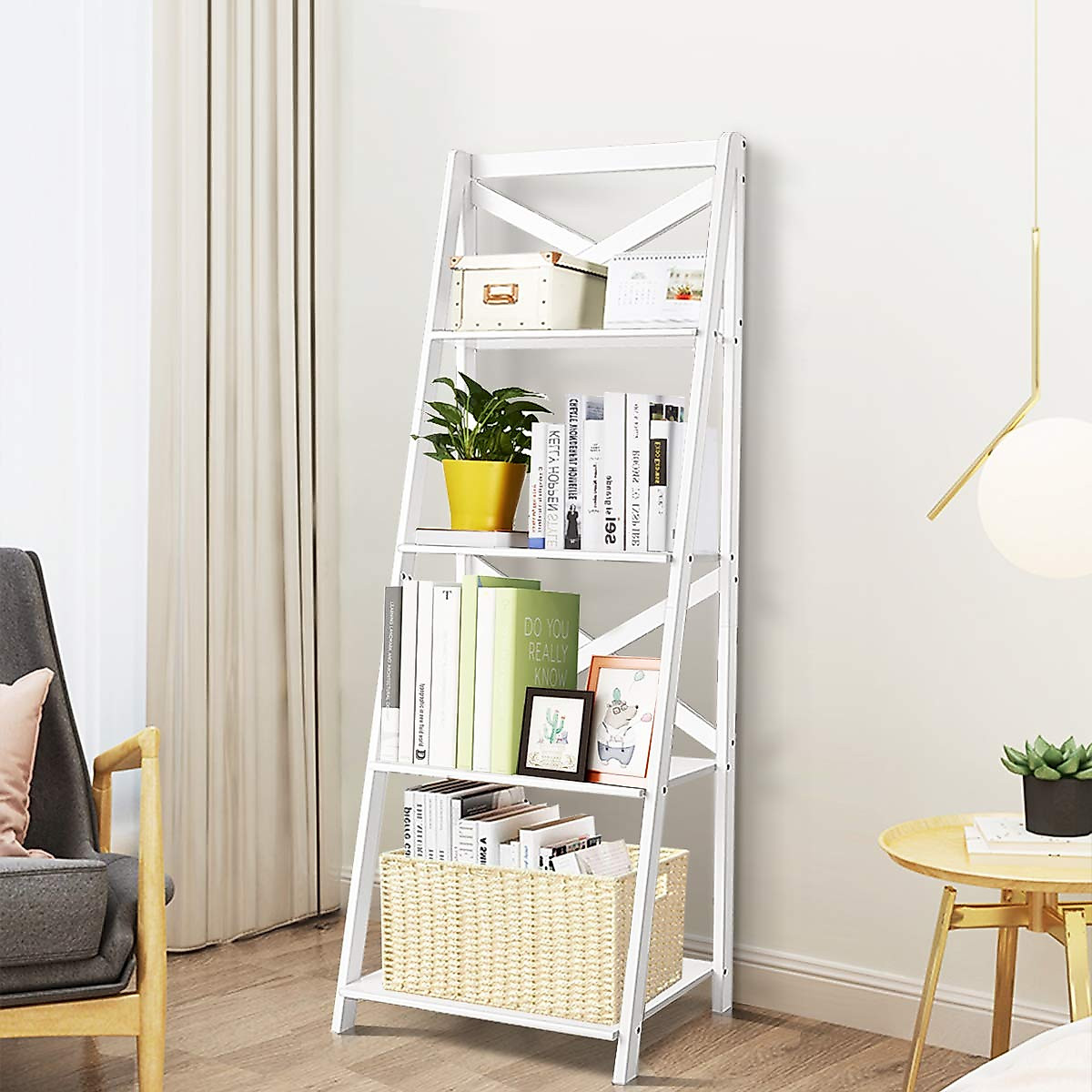 Tangkula 4-Tier Ladder Shelf Bookcase Leaning Free Standing Wooden Frame Decor Bookshelf Storage Flower Shelf Plant Display Shelf for Home Office (White, 1)