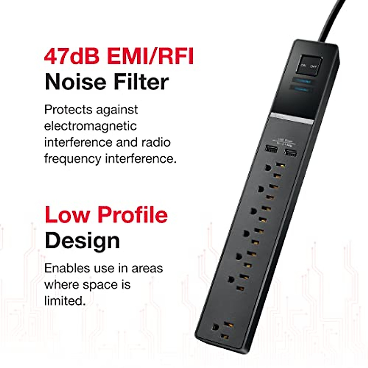 Rocketfish 7-Outlet/2-USB Wall Tap Surge Protector Strip - Provides Protection & Convenient Mobile Phone Charging - Black