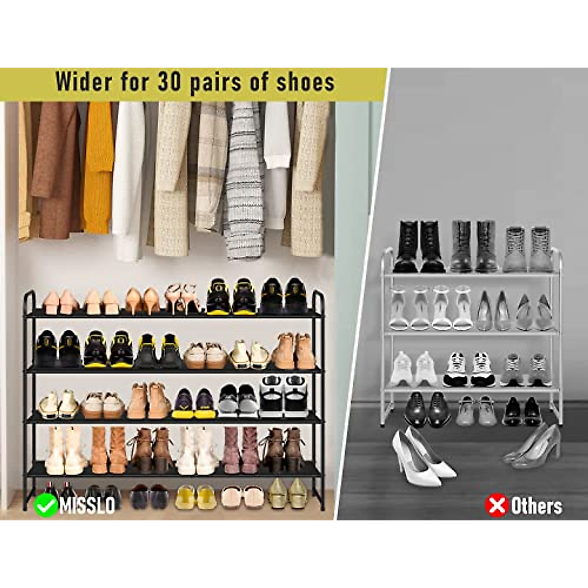 MISSLO 4 Tier Long Shoe Organizer for Closet Shoe Rack for Bedroom Closet Floor Shoe Shelf for Entryway Storage Stackable Wide Shoe Shelf Stores 30 Pairs of Men Sneakers, Black