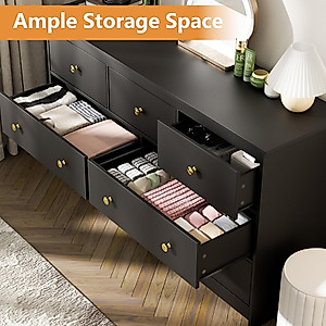 55'' Black Dresser for Bedroom, 7 Deep Drawer Large Wood Dresser with Gold Handles, Modern Wide Storage Dressers & Chests of Drawers for Entryway, Hallway