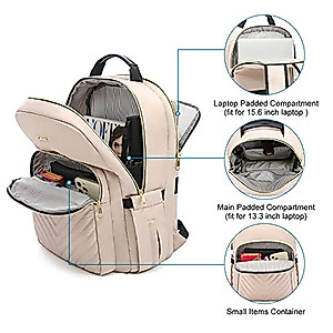 LOVEVOOK Laptop Backpack Purse for Women, Work Business Travel Computer Bags, College Nurse Backpack for Womens, Quilted Casual Daypack with USB Port, Fit 15.6 Inch Laptop, Antiquewhite