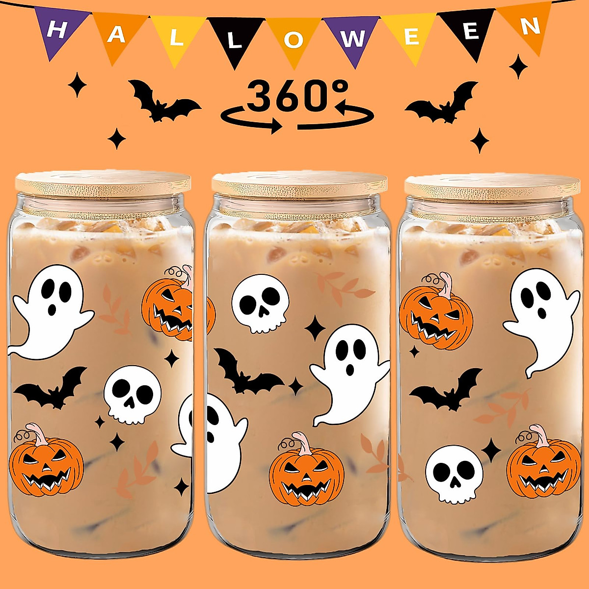 WECACYD Halloween Pumpkin Ghost Skull Cups - 16 oz Pumpkins Fall Cup Mug, Tumbler Glass Cups with Lids Straws, Spooky Cups for Iced Coffee, Goth Spooky Gifts for Her, Halloween Gifts for Women