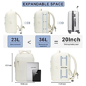 Hp hope Travel Backpack for Women Men, Expandable Airline Approved Carry On Backpack Flight Approved, Waterproof Hiking Weekender Backpack with USB Charging Port & Shoes Compartment, White