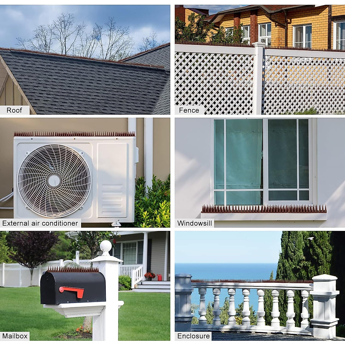 8 Pack Bird Spikes - 17 x 1.57 x 1.38 Inch Plastic Bird Deterrent Spikes - Bird Deterrent Spikes Keep Pigeon, Squirrel, Raccoon, Cats, Crow Away - Anti-Bird Spikes Fence for Railing and Roof (Brown)