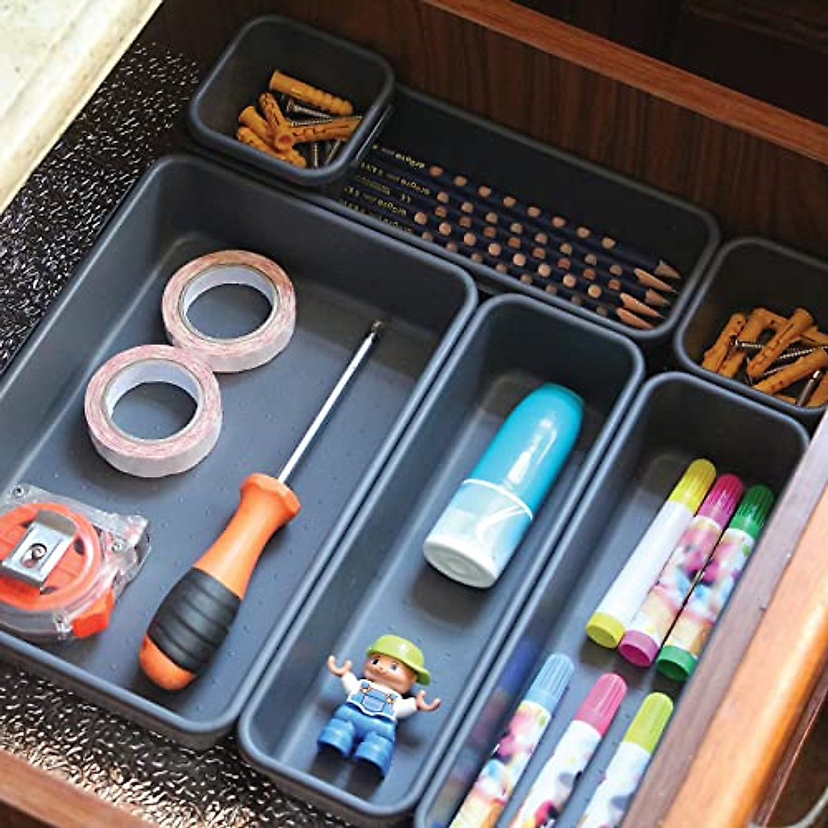 Set of 24 Interlocking Desk Drawer Organizer Tray Dividers Plastic Shallow Narrow Drawers Organizers Separators Storage Bins Container for Kitchen Bathroom Makeup Office Vanity Bedroom Dresser