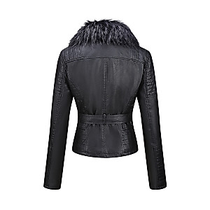 Bellivera Women's Faux Leather Short Jacket Moto Sherpa-Lined Belt Coat with Removable Fur Collar 9203 Black M