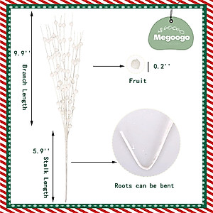 Megoogo 12 PCS Artificial Glitter Berry, White Christmas Glitter Picks Artificial Berries Stems Ornaments Fake Xmas Stem Decorative Sticks for Vases Tall DIY Wreath Home Decor (15.8’’)