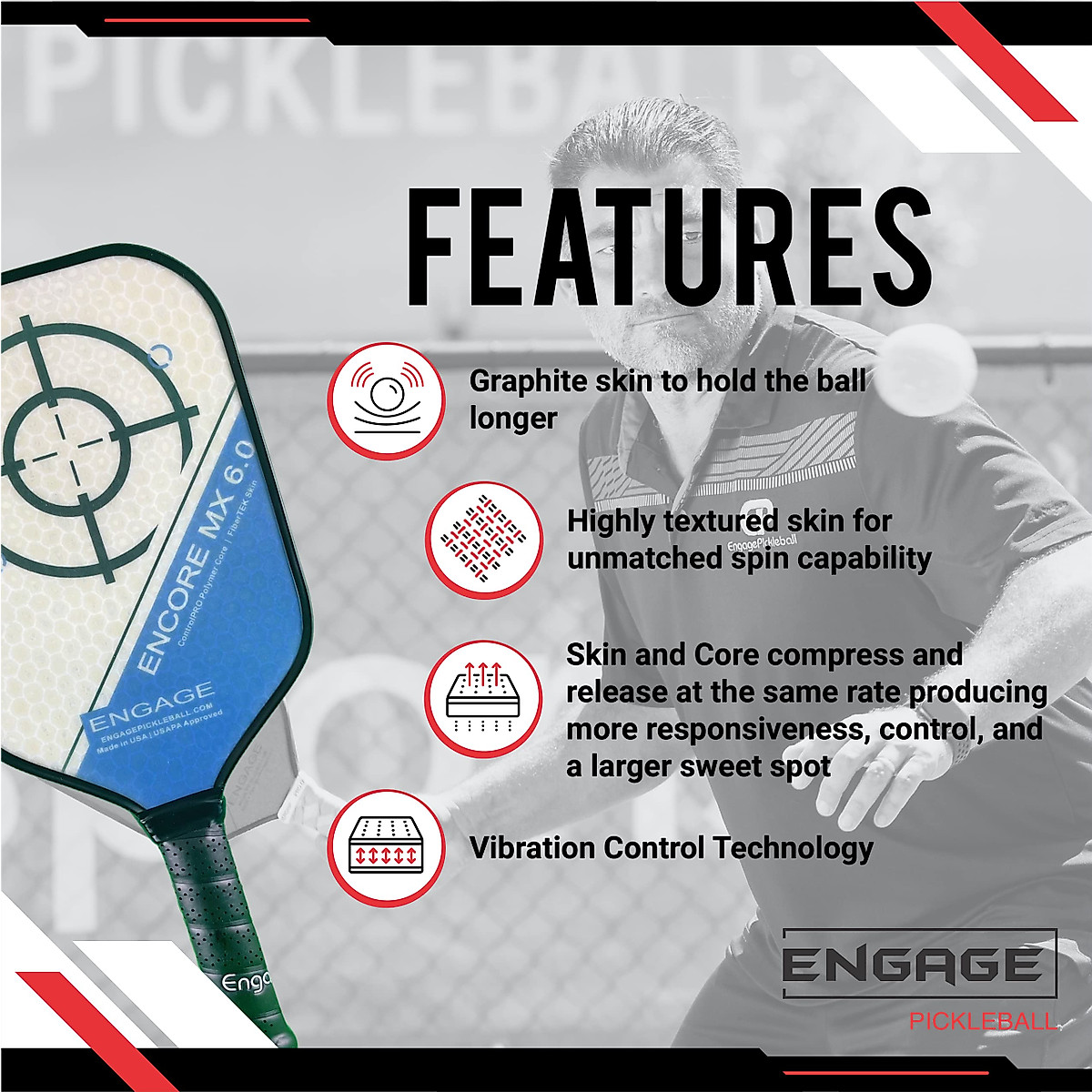 Engage Pickleball Encore MX 6.0 Pickleball Paddle - Pickleball Paddles with Thick Polymer Core - USAPA Approved Pickleball Paddles Pickleball Rackets for Adults - Lite (Red)