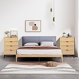 affeivul Mid Century Modern Dresser, 4 Drawer Rattan Dresser for Bedroom Wood, Boho Wooden Rattan Storage Cabinet Side Table with Solid Metal Legs, Tall Skinny Dresser for Closet (Natural)