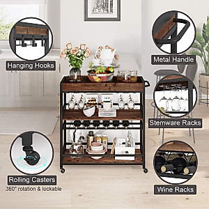 BON AUGURE Rustic Coffee Bar Cabinet for Liquor, Bar Cart on Wheels for The Home, Industrial Small Buffet Sideboard for Kitchen and Dining Room (Rustic Oak)