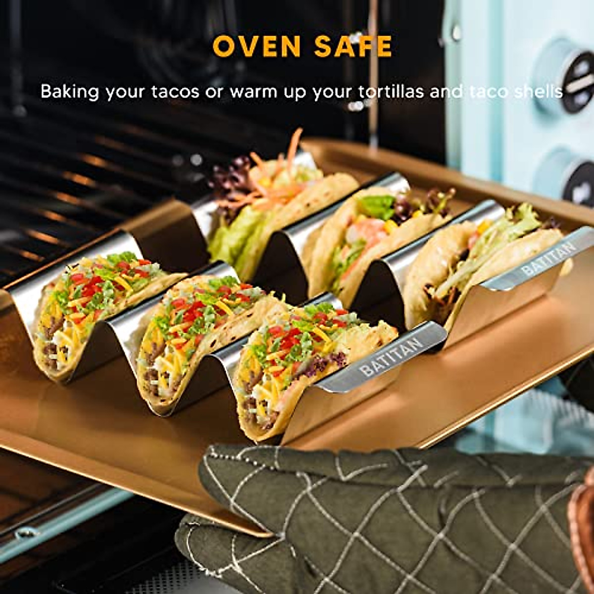Taco Holder, Taco Stand, Taco Holders Set of 4, Stainless Steel Taco Rack with Handles, Each Metal Taco Tray Plates Holds Up to 2 or 3 Hard or Soft Taco Shells, Oven Grill and Dishwasher Safe