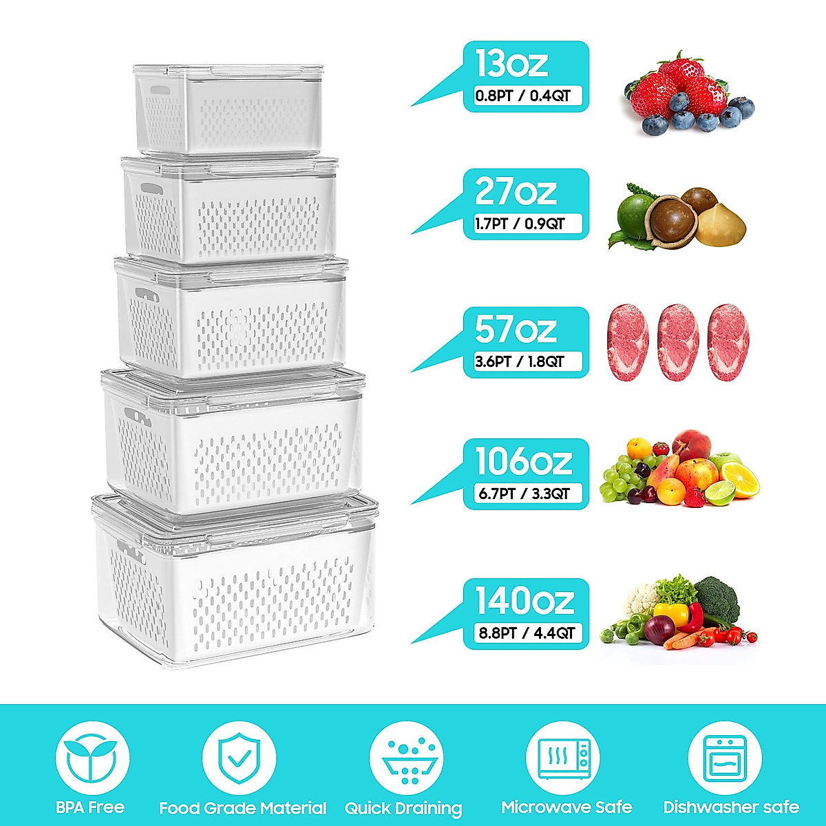 Cthglong 5 PCS Fruit Containers for Fridge, Food Storage Containers with Removable Colander, Dishwasher & Microwave Safe Produce Container, Fridge Organizers Keep Fruit, Berry, Vegetable, Fresh Longer