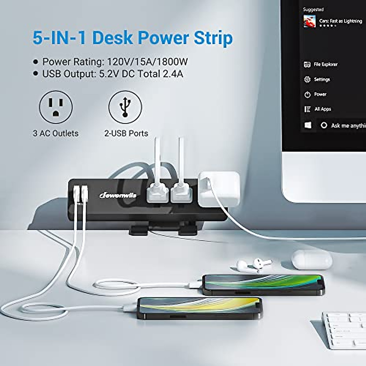 DEWENWILS Desk Clamp Power Strip, Desktop Power Station with 3 AC Outlets(15A/1800W), 2 USB Ports, Desk Mount Power Outlet for Home, Office, 6Ft 14/3C SJT Extension Cord