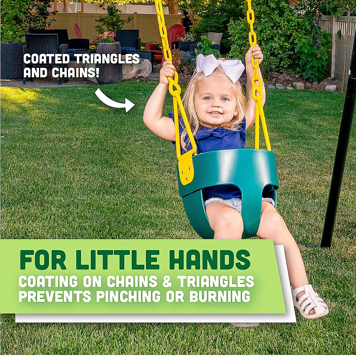 Deluxe High Back Full Bucket Toddler Swing with Exclusive Chain & Triangle Dip Pinch Protection - Green - Squirrel Products