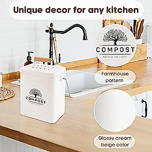 Perfnique Kitchen Compost Bin, 1.7 Gallon Countertop Compost Bin with Lid, Indoor Compost Bin Includes 2 Carbon Filters, Small Compost Bucket, Food Waste Bin for Kitchen with Trash Bags (Cream White)
