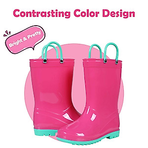 Colorxy Kids Rain Boots for Boys Waterproof Toddler Rain Boots with Easy-On Handles, Hot Pink Size Big Kid 2