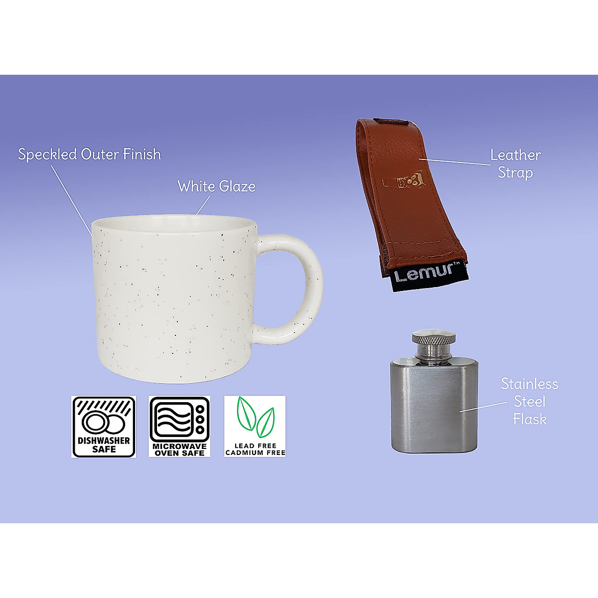 Lemur Ceramic Coffee Mug with Stainless Steel Flask - 12 oz White Speckled Mug, 1 oz Hip Flask Attached with Leather Strap