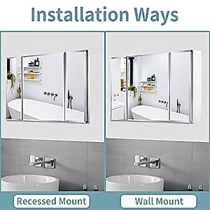 Movo Double Doors Medicine Cabinet with Mirror, 36 inch X 26 inch Aluminum Bathroom Medicine Cabinet, Adjustable Glass Shelves, Waterproof and Rust-Resist, Recess or Surface Mount Installation