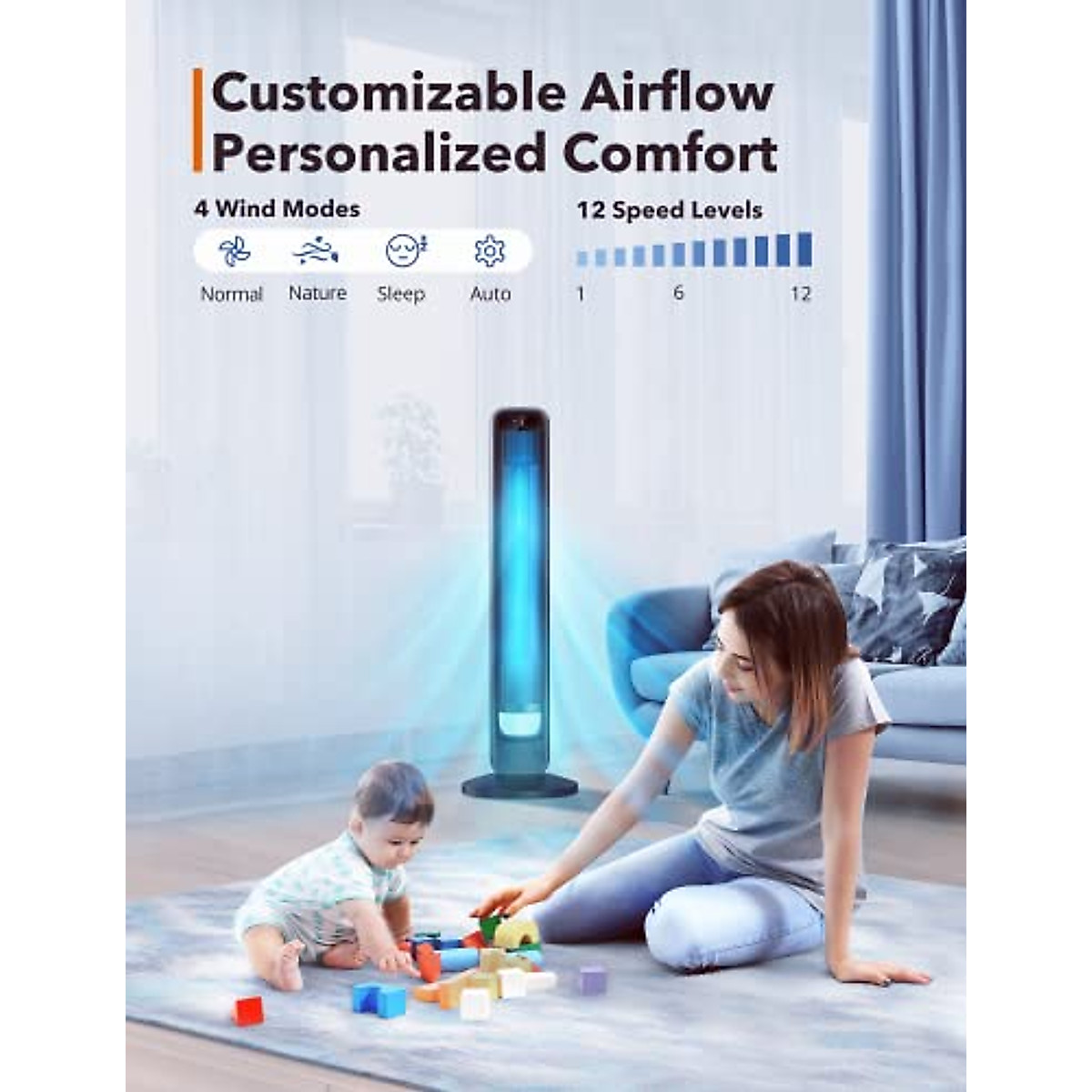 Tower Fan, 28dB 90°Oscillating Fan with DC Motor, 12 Speed Levels, 4 Wind Modes, 12-Hour Timer, Night Light, Portable Cooling Bladeless Floor Fan with Remote for Living Room Bedroom Office，42”