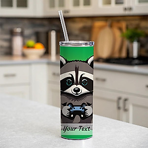 Personalized Custom Name Text Raccoon Gamer Gaming Playing Game Skinny Tumbler 20oz with Straw Insulated Water Bottle Gift - 1 Line Horizontal