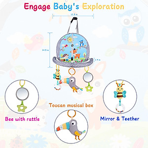 Ussybaby Car Seat Toy for Baby 6 to 12 Months,Infant Car Seat Toys for Babies 0-6 Months, Baby Carseat Activity Arch with Musical, Rattle, Mirror, for Baby Boy/Girl Gift, Center-Fox