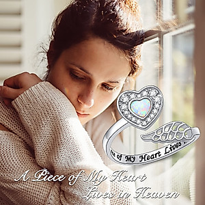 925 Sterling Silver Angel Wing Ring for Women Memorial Jewelry Engraved A Piece of My Heart Lives in Heaven Wrap Open Ring Lap Opal Heart Rings Adjustable Size 8