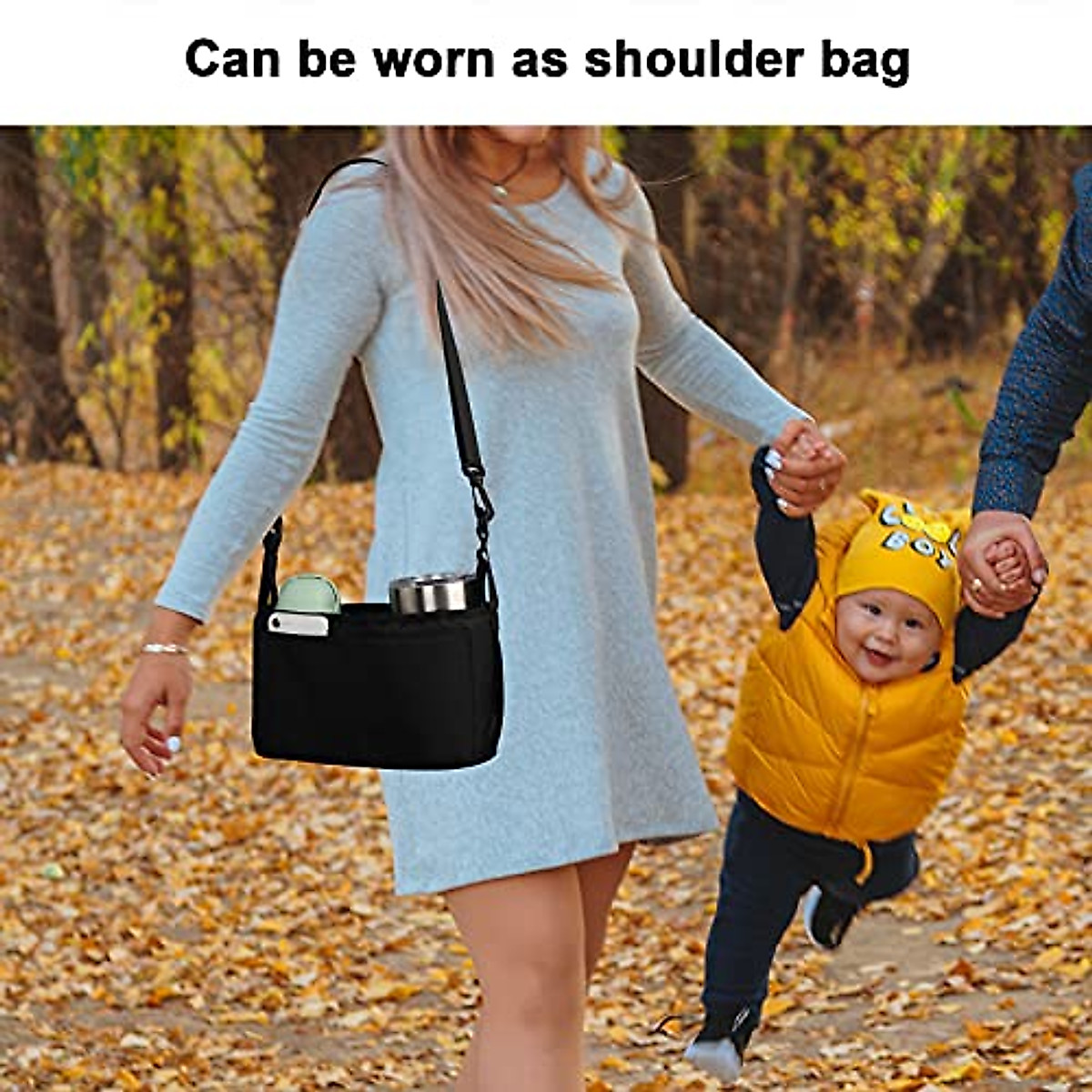 Beautyflier Universal Baby Stroller Organizer with Insulated Cup Holder and Shoulder Strap, Fits for Stroller like Uppababy, Baby Jogger, Britax, Bugaboo, BOB, Umbrella and Pet Stroller, Pockets for Carrying Diaper, Phone, Keys, Toys and Snacks (Black)