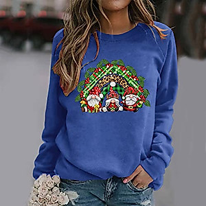 Christmas T Shirts for Women Long Sleeve Vintage Print Graphic Xmas Sweatshirt Crewneck Pullover Tops Ugly Sweater Blouses Blue
