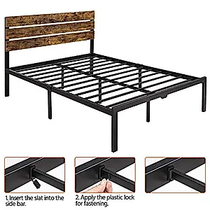 Yaheetech Industrial Platform Bed Frame Full with Wood Headboard and Metal Slats, Rustic Country Bed with Mattress Foundation/12 Inch Underbed Storage/No Box Spring Needed/Strong Slats Support, Brown