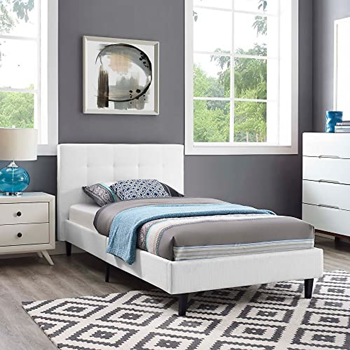 Modway Linnea Upholstered White Full Platform Bed with Wood Slat Support