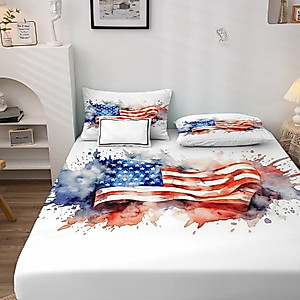 American Flag Sheets Full Size, Stars Bed Sheets, Patterned Bedding Sheets & Pillowcases 4 Piece Set - Soft Microfiber Deep Pocket Fitted Sheet & Flat Sheet & 2 Pillow Cases C3-&-220