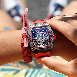 FEICE Watches for Men Automatic Skeleton Watch Waterproof Sapphire Crystal Japanese Movement Mens Wristwatch with Carbon Fiber Strap Anti Shock Business Watch FM602 B_Red