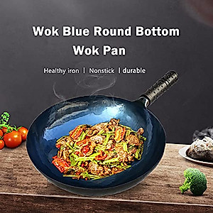 shuoguoleilei Chinese Hand Hammered Iron Woks Set, Non-stick No Coating Preseasoned Wok Blue Round Bottom Wok Pan For Electric, Induction and Gas Stoves （Blue Black-14）