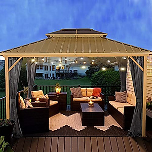 GARTOO 10' x 12' Patio Galvanized Steel Hardtop Gazebo - Outdoor Aluminum Frame Porch Gazebo with Vented Double Roof & Breathable Netting for Garden, Lawn, Outdoor Party, Backyard Deck