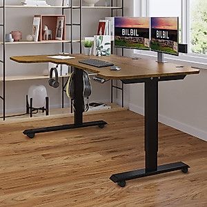 bilbil L-Shaped Electric Height Adjustable Standing Desk 59 Inches, Stand Up Rising Table for Home Office with Splice Board, Black Frame and Rustic Brown Top