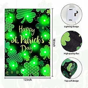 St Patrick's Day Garden Flag with Green Led Lights Good Shamrock Luck Truck Gnome 12 X 18 Inch Double Sided Garden Flag Durable Burlap Shamrock Garden Flag for Lawn Party Outdoor Decorations (Shamrock)