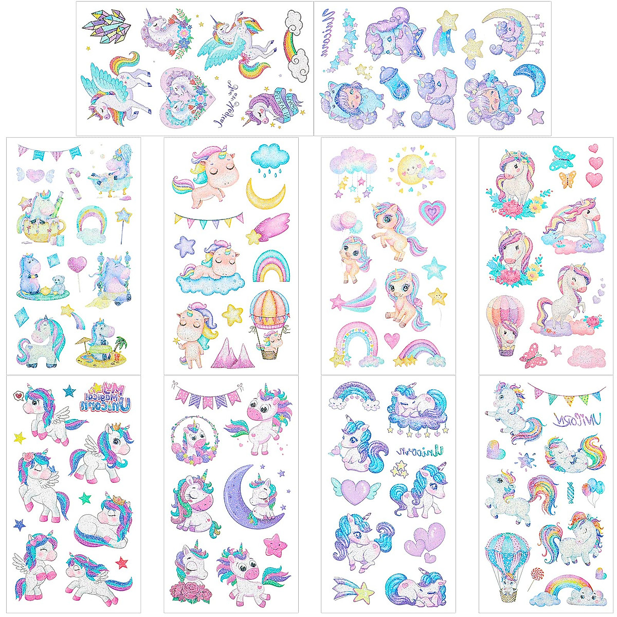 Glitter Temporary Tattoos for Kids, Konsait Waterproof Glitter Tattoo Stickers Kit Rainbow Princess Theme Party Birthday Party Supplies 10 sheets
