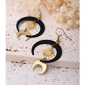 Sacina Gothic Boho Sun and Moon Earrings, Crescent Moon Star Pendant, Celestial Earrings, Goth Jewelry Gift for Women (Black Moon Sun)