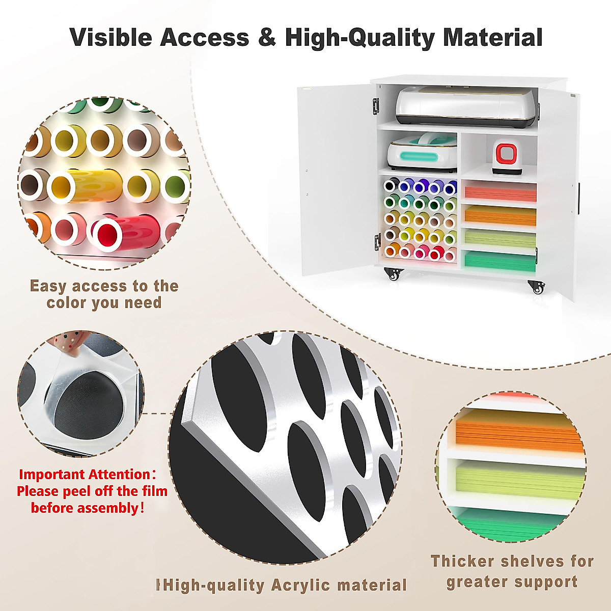 Craft Organization and Storage Rolling Cart Compatible with All Cricut Machines, Modern Farmhouse Craft Cabinet with 25 Vinyl Roll Holders, Craft Table with Barn Door for Cricut Accessories Storage